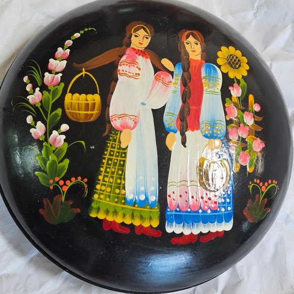 Accents | Vintage Russian Hand Painted Lacquer Round Box Folk Art ...